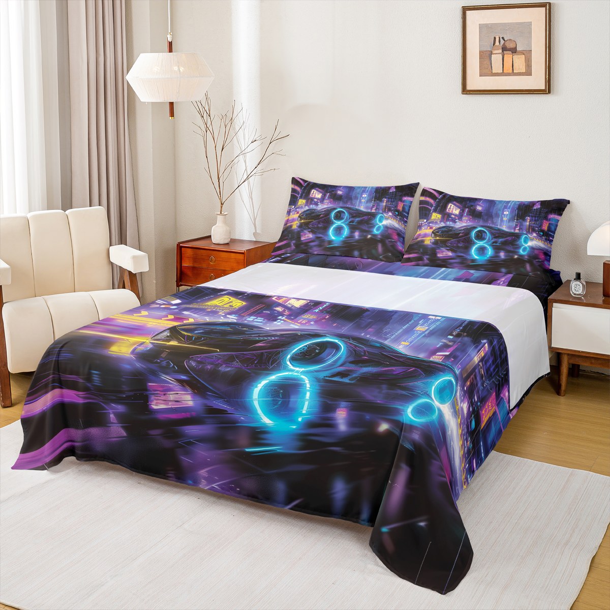 Manfei Neon Blue Car Bed Sheets, Racing Car Sports King Sheets, Teens ...