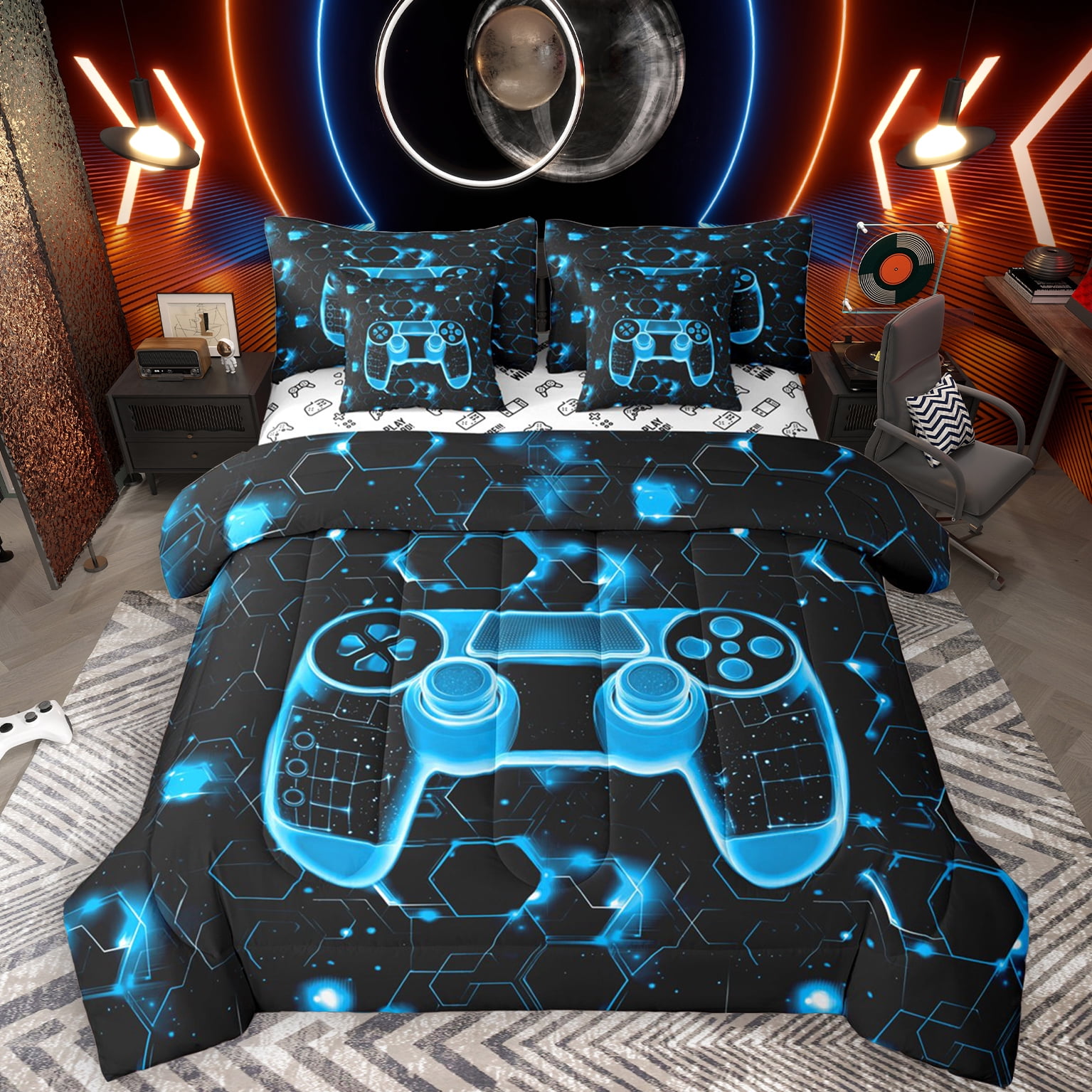Manfei Neon Blue Gamepad 7-Piece Bedding Comforter Set for Boys ...