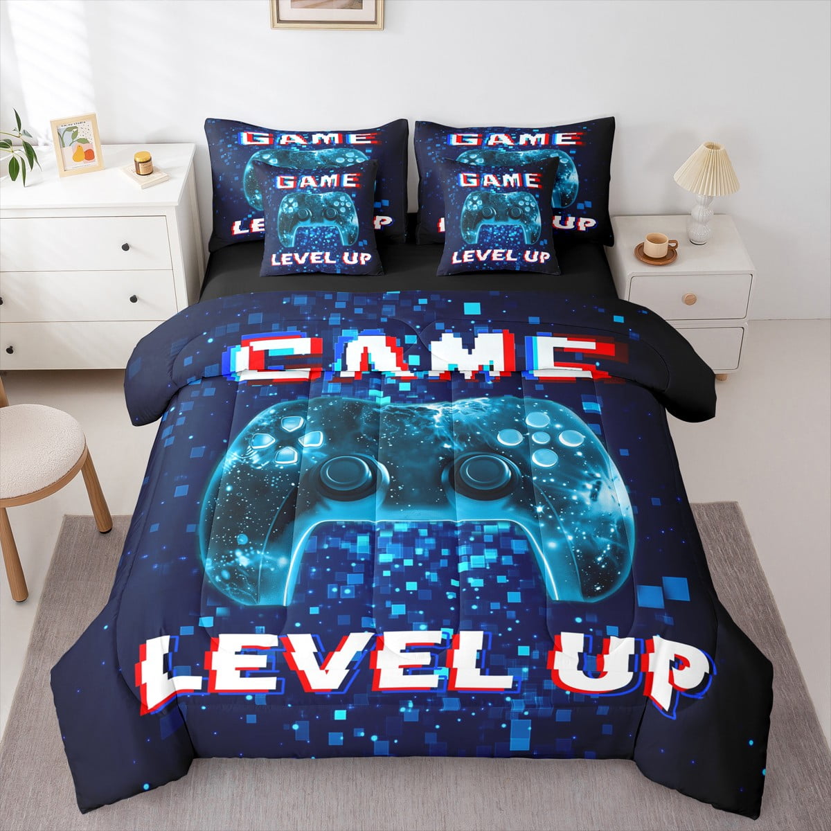 Manfei Neon Blue Gamepad Bedding Comforter Set 7pcs, Futuristic Square ...