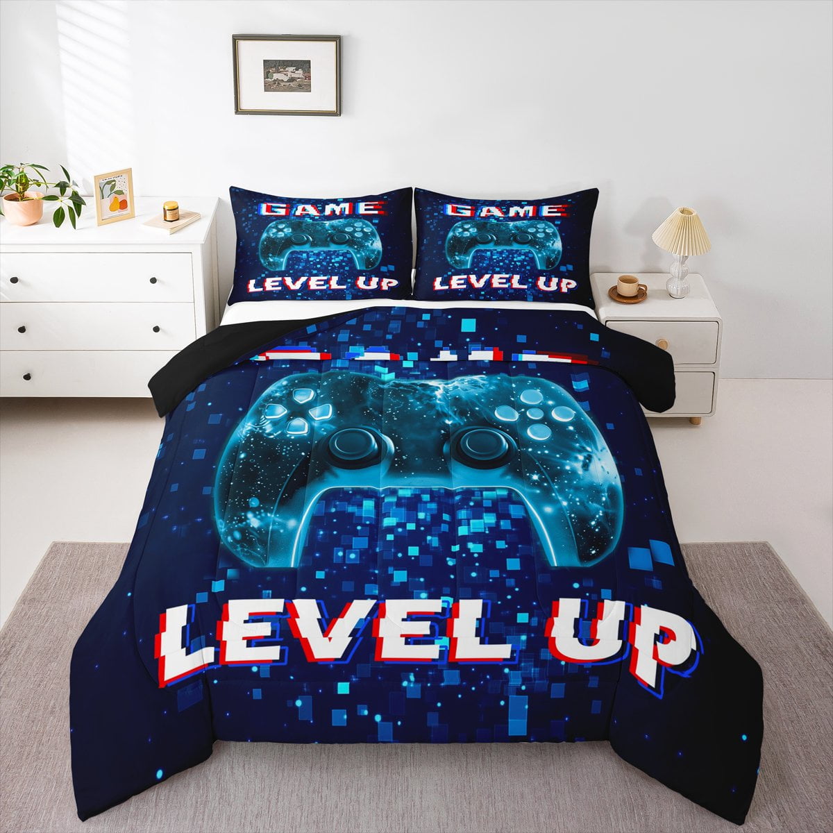 Manfei Neon Blue Gamepad Full Size Comforter Sets, Futuristic Square ...