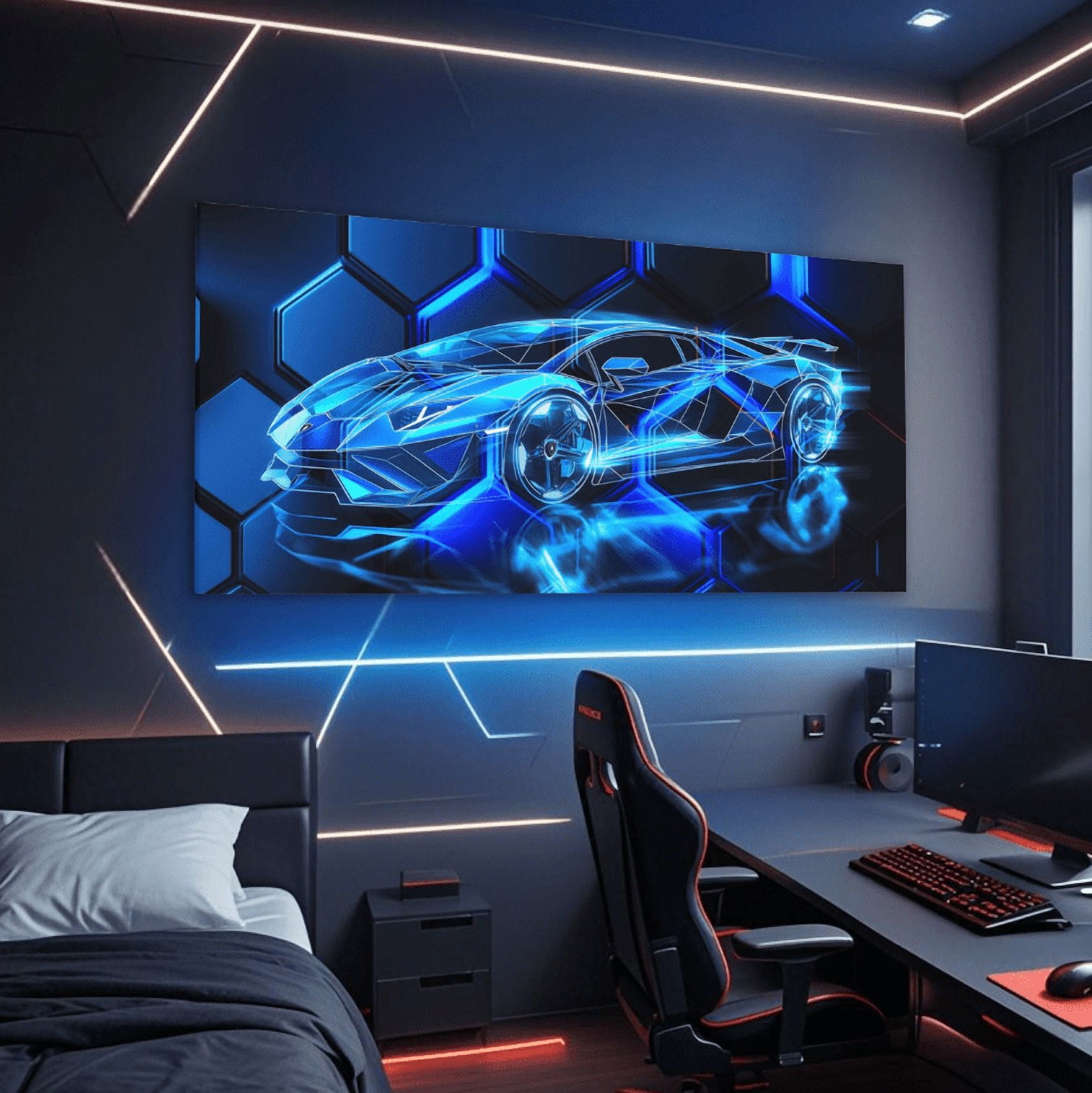 Manfei Neon Blue Racing Car Wall Art Decor 48x24 for Teens Boys ...