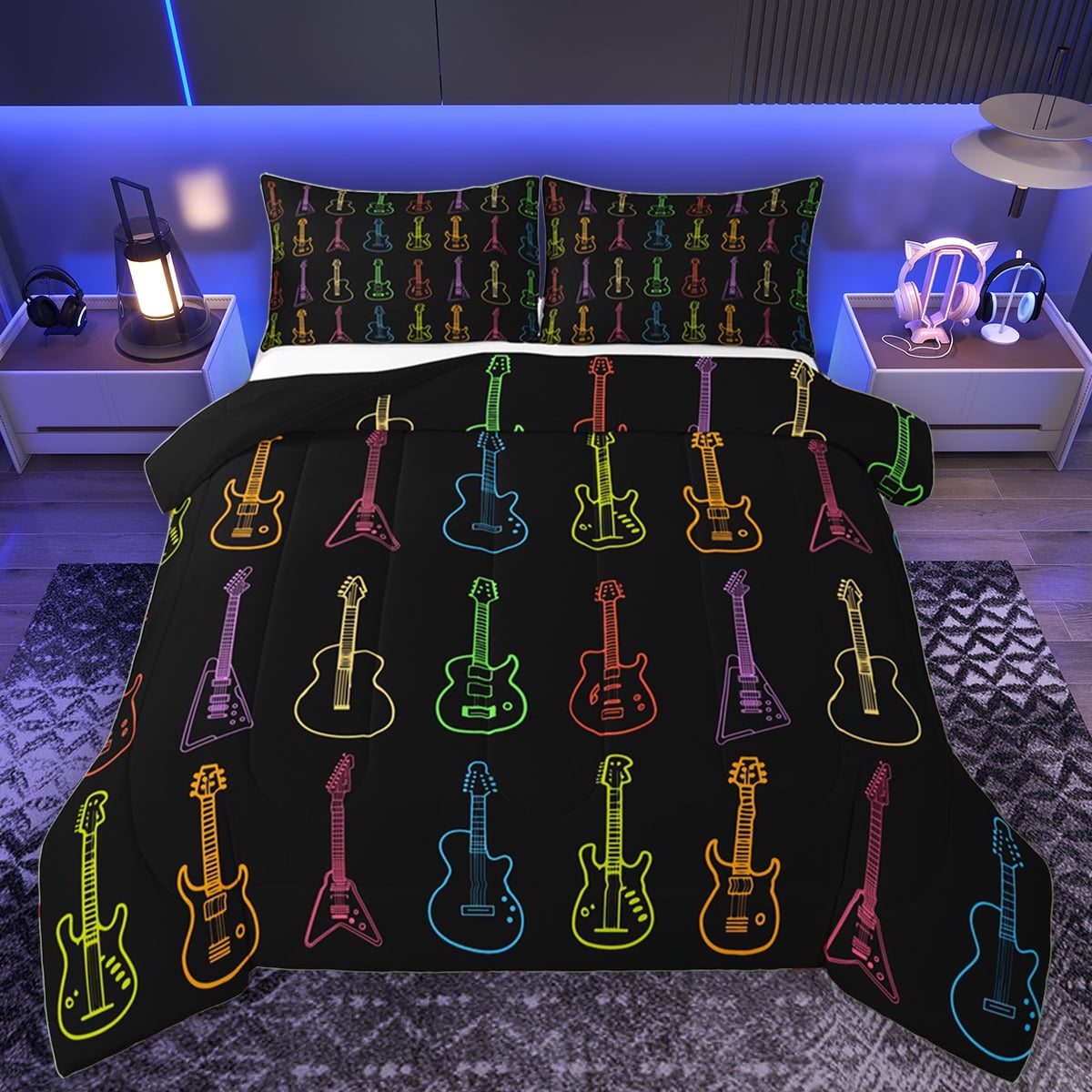 Manfei Neon Colorful Guitar Bedding Comforter Set, Cartoon Musical ...