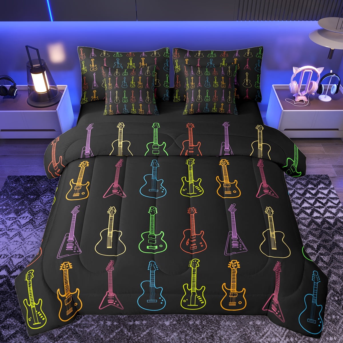Manfei Neon Colorful Guitar Twin Bedding Sets 7-Piece, Cartoon Musical ...