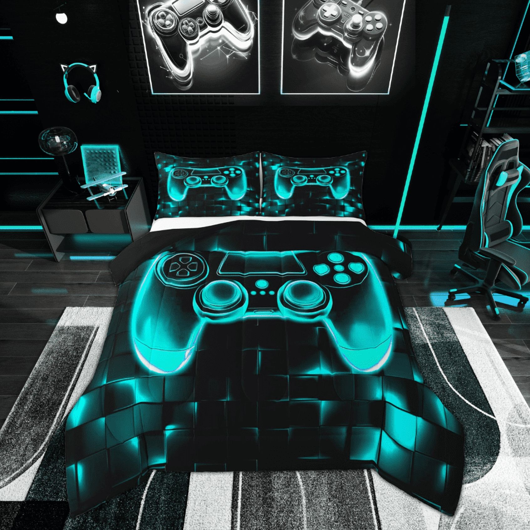 Manfei Neon Cyan Gamepad Full Size Comforter Sets, Geometric Honeycomb ...