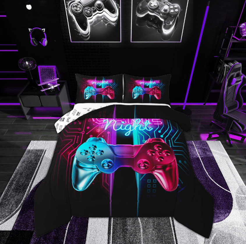 Manfei Neon Game Console Bedding King Comforter Set, Futuristic Gamepad ...