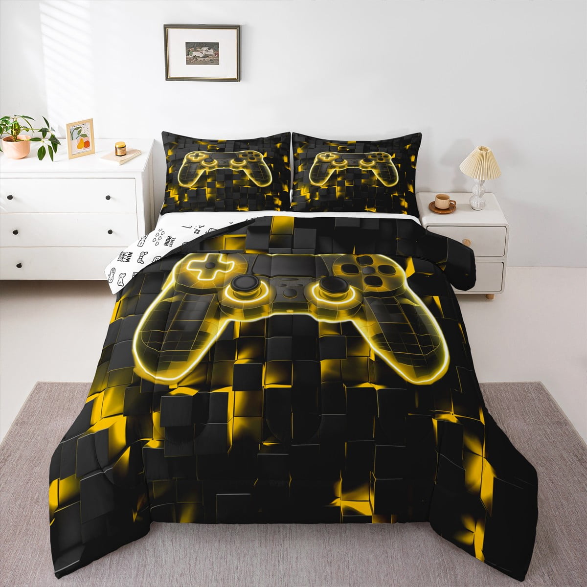 Manfei Neon Gamepad Bedding Comforter Set,3D Checkered Geometric Twin ...