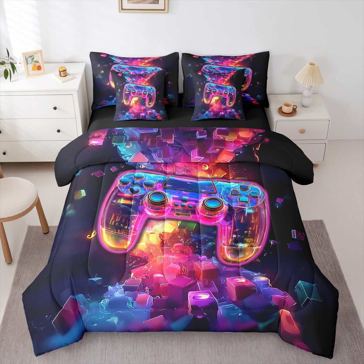 Manfei Neon Gamepad Bedding Comforter Set 7-Piece,Colorful 3D Geometry ...