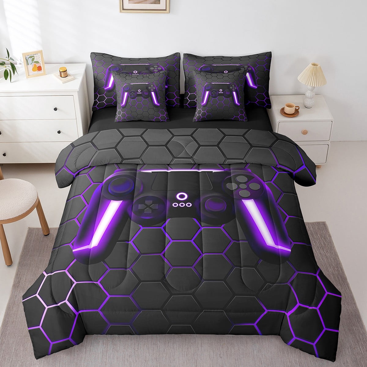Manfei Neon Gamepad Bedding Comforter Set 7-Piece,Modern Geometric ...