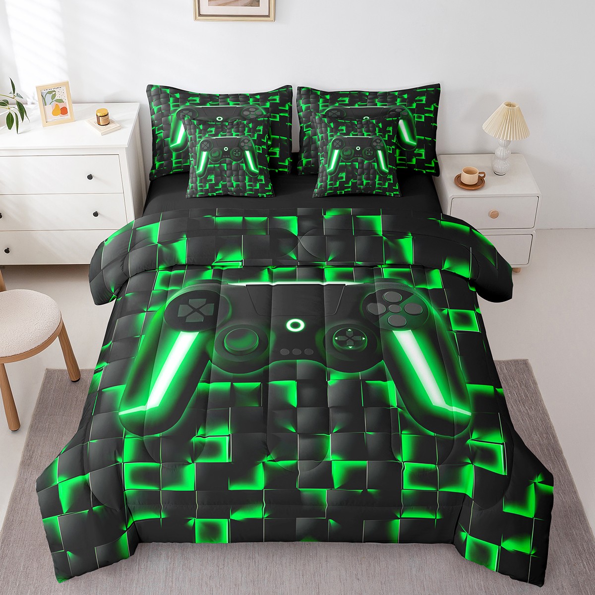 Manfei Neon Gamepad Bedding Comforter Set 7-Piece,Modern Geometric ...