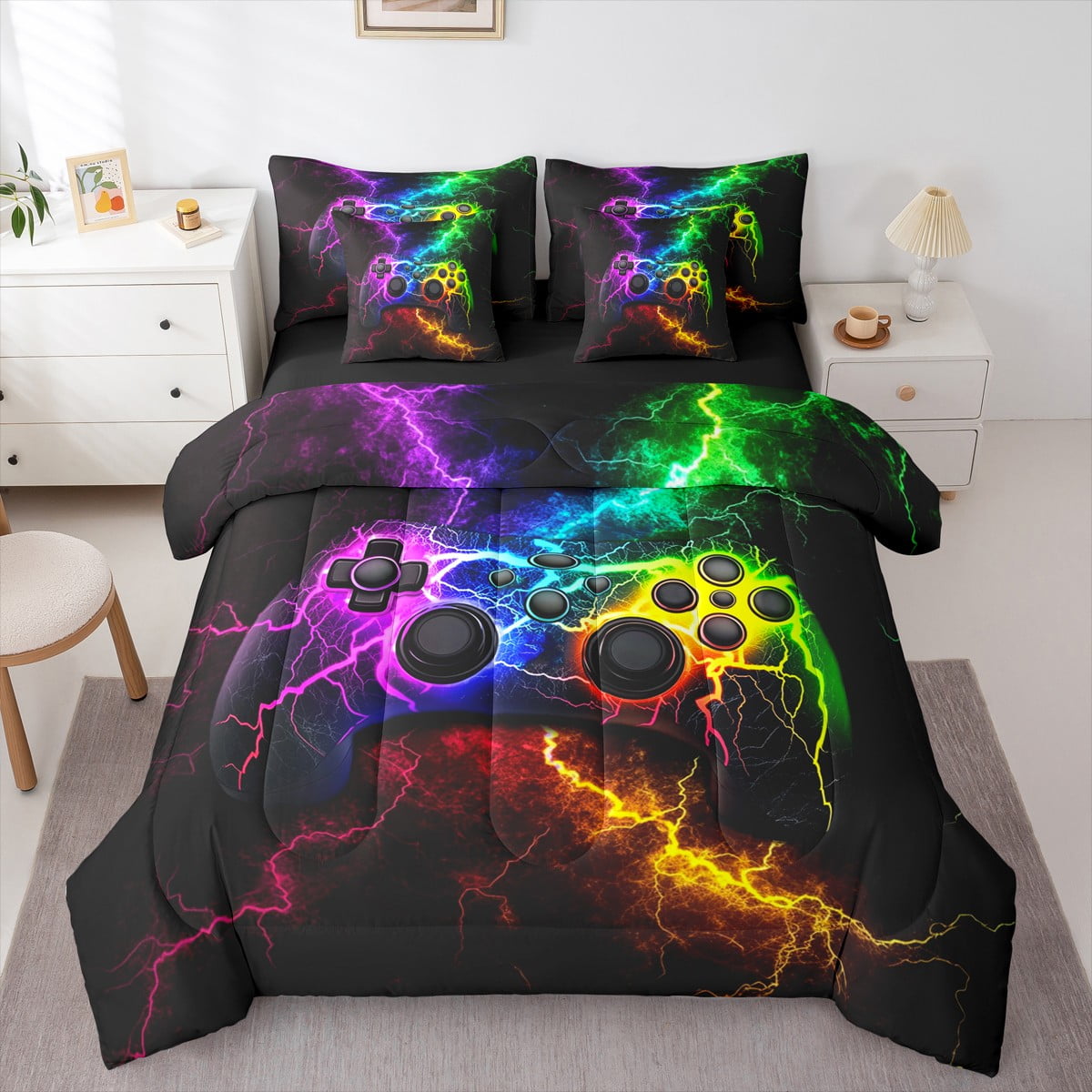 Manfei Neon Gamepad Bedding Comforter Set 7pcs for Boy, Modern Gaming ...