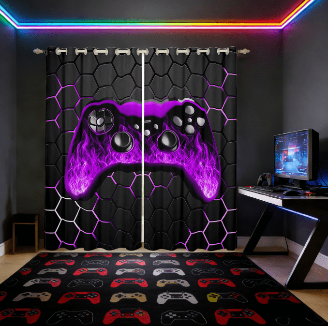 Manfei Neon Gamepad Curtains for Living Room,Modern Geometric Honeycomb ...