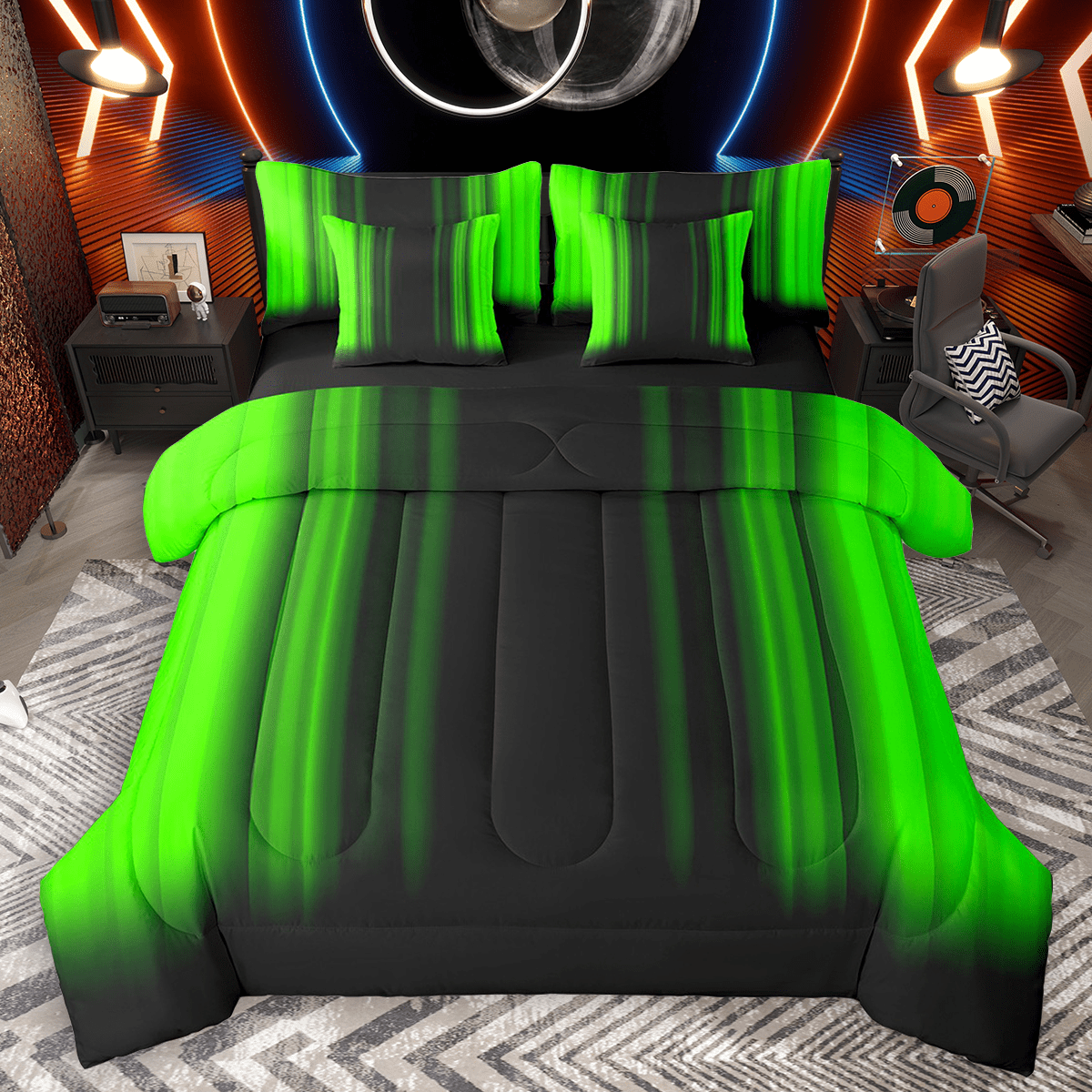 Manfei Neon Green Stripe Bedding Comforter Set 7-Piece, Modern Gradient ...