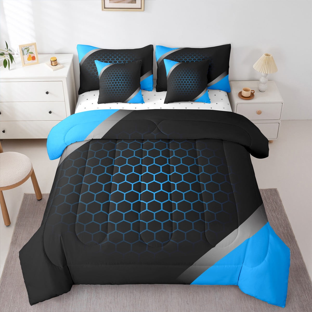 Manfei Neon Honeycomb Bedding Comforter Set 7pcs for Teens, Blue ...