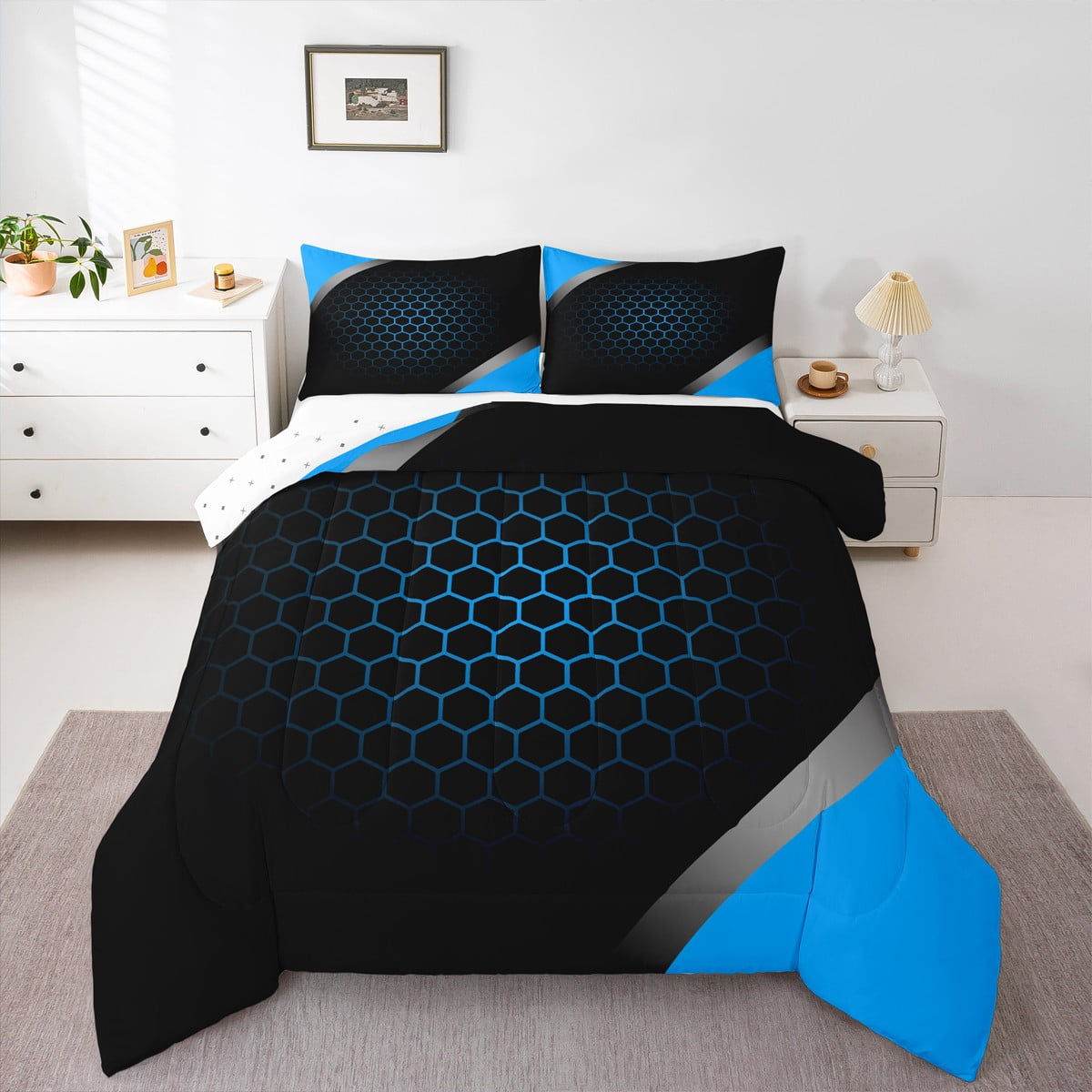 Manfei Neon Honeycomb Bedding Comforter Set for Teens, Blue Geometry ...