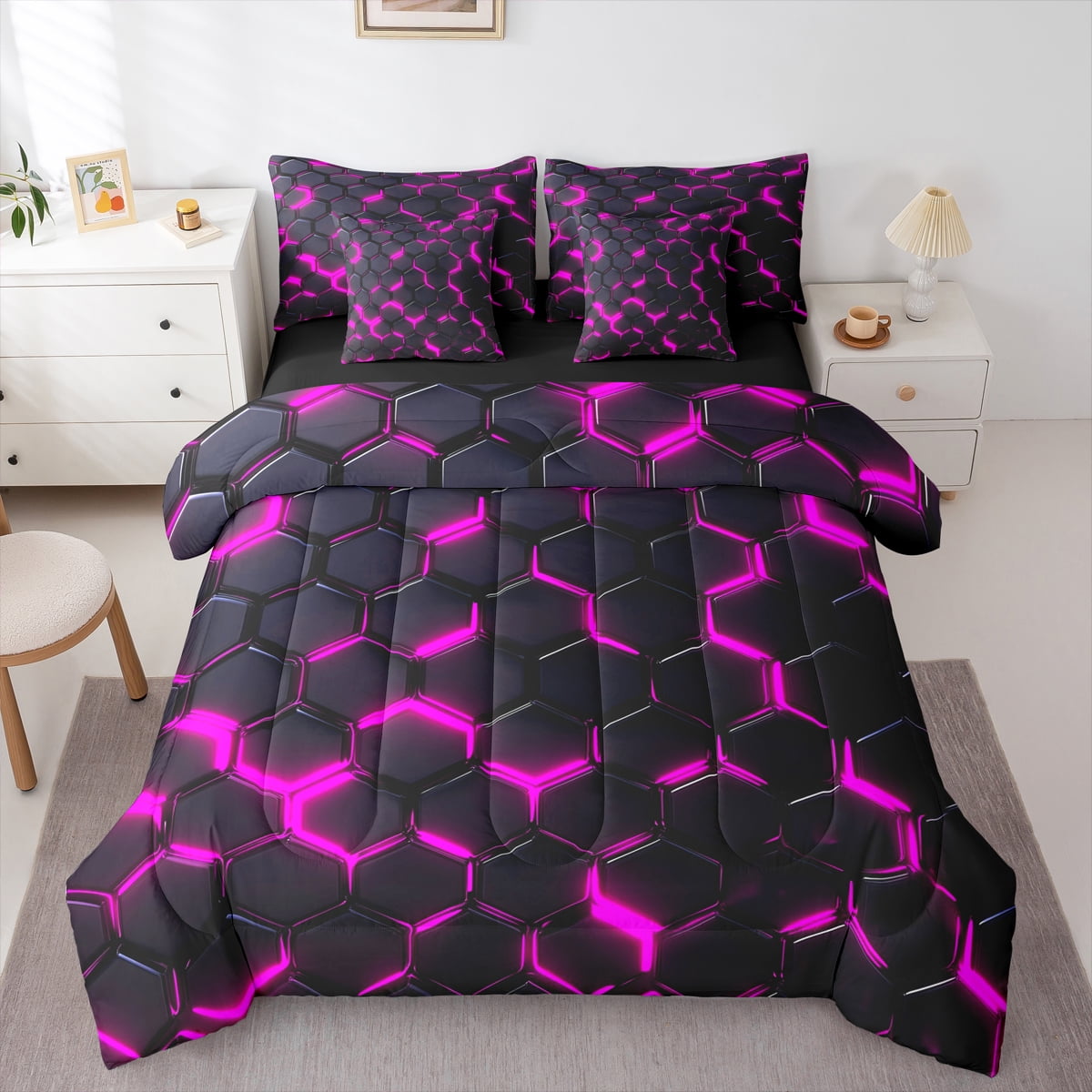 Manfei Neon Pink Honeycomb Twin Bedding Sets 7-Piece, Abstract ...