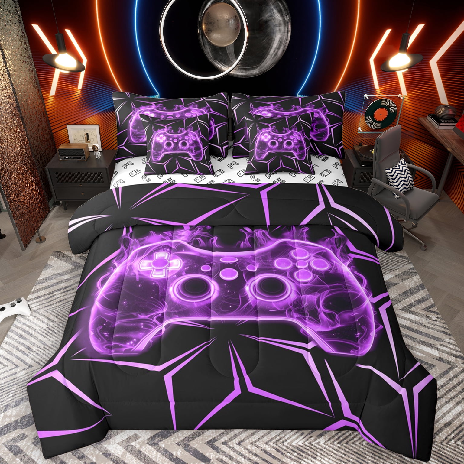 Manfei Neon Purple Gamepad 7-Piece Twin Bedding Sets for Boys ...
