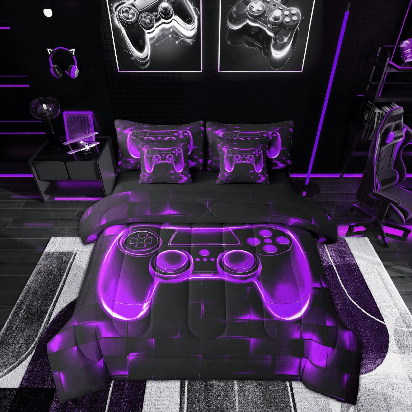 Manfei Neon Purple Gamepad Bedding Comforter Set 7-Piece, Geometry ...