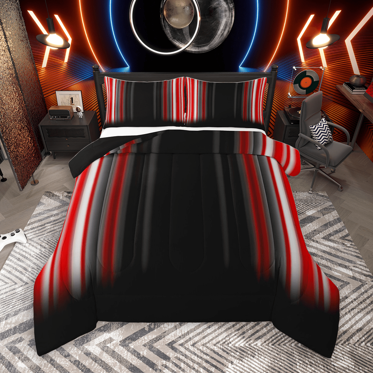 Manfei Neon Red Gray Stripe Full Size Comforter Sets 3-Piece, Modern ...