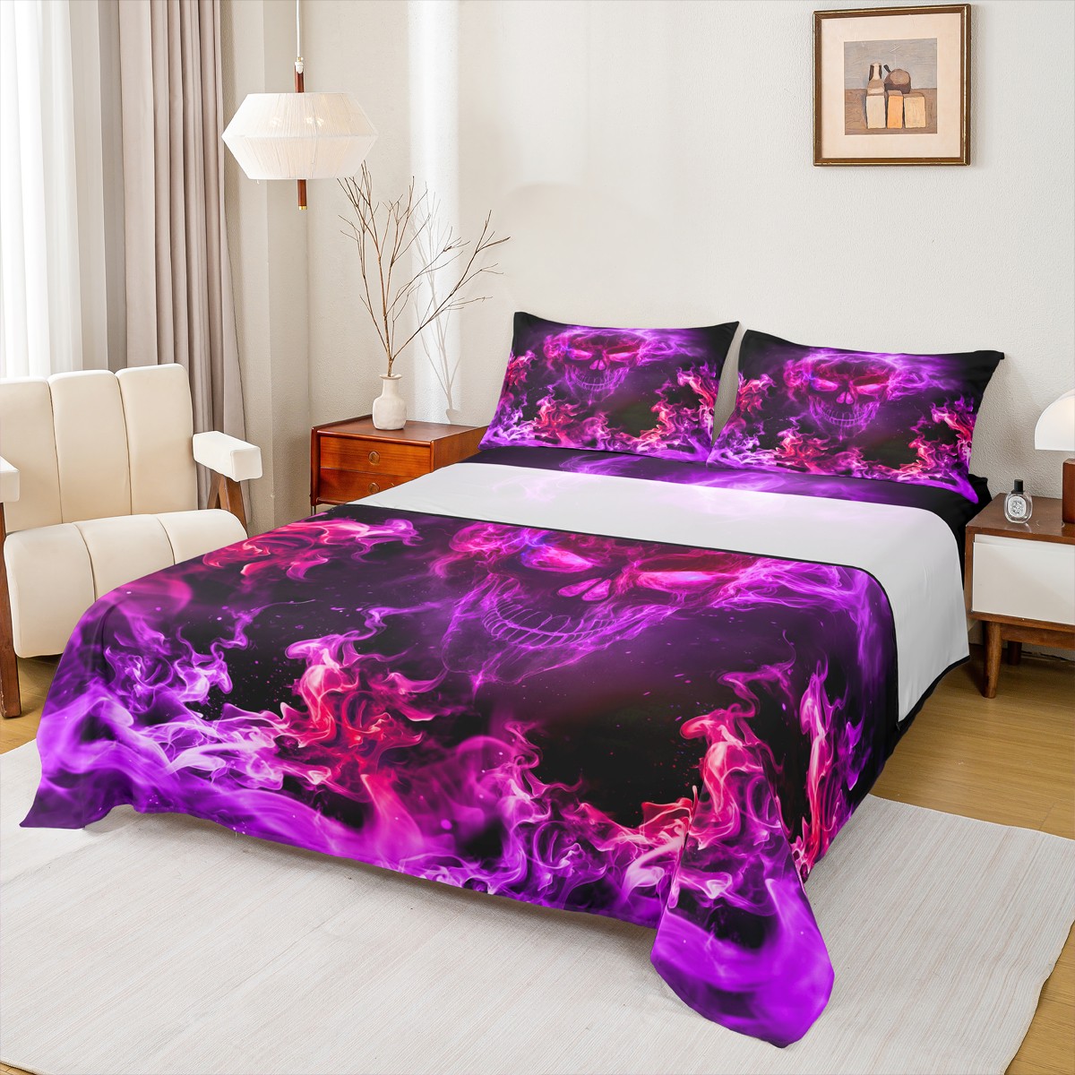 Manfei Neon Skeleton Twin Sheet Sets, Purple Fire Bed Sheets Twin ...
