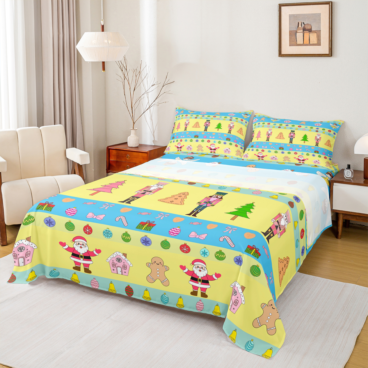 Manfei Nutcracker Santa Claus Twin Sheet Sets, Yellow Blue Christmas ...