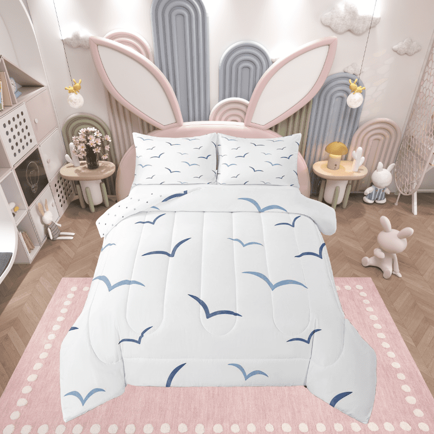 Manfei Ocean Bird Print Bedding King Comforter Set, White Blue ...