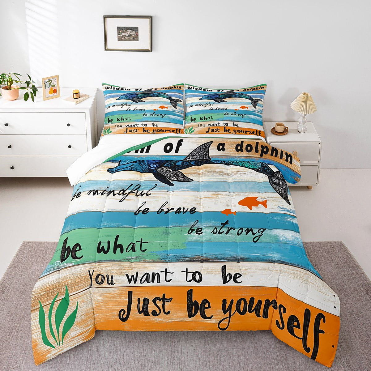 Manfei Ocean Dolphin 3-Piece Full Size Comforter Sets,Vintage Gradient ...