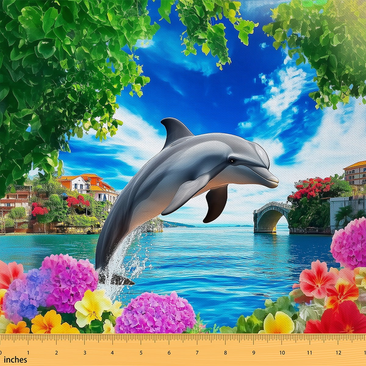 Manfei Ocean Dolphin Fabric by the Yard (1 Yard), Botanical Flower Tree ...