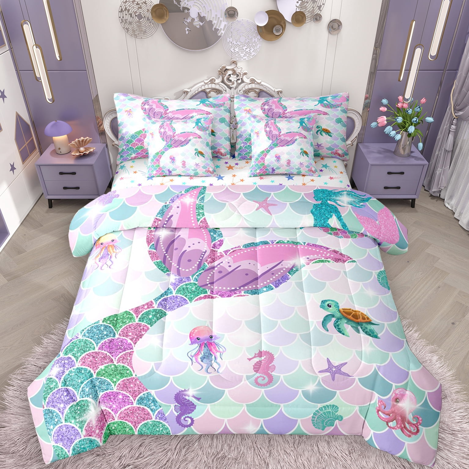 Manfei Ocean Mermaid Child 7pcs Bedding Comforter Set, Glitter Fish ...