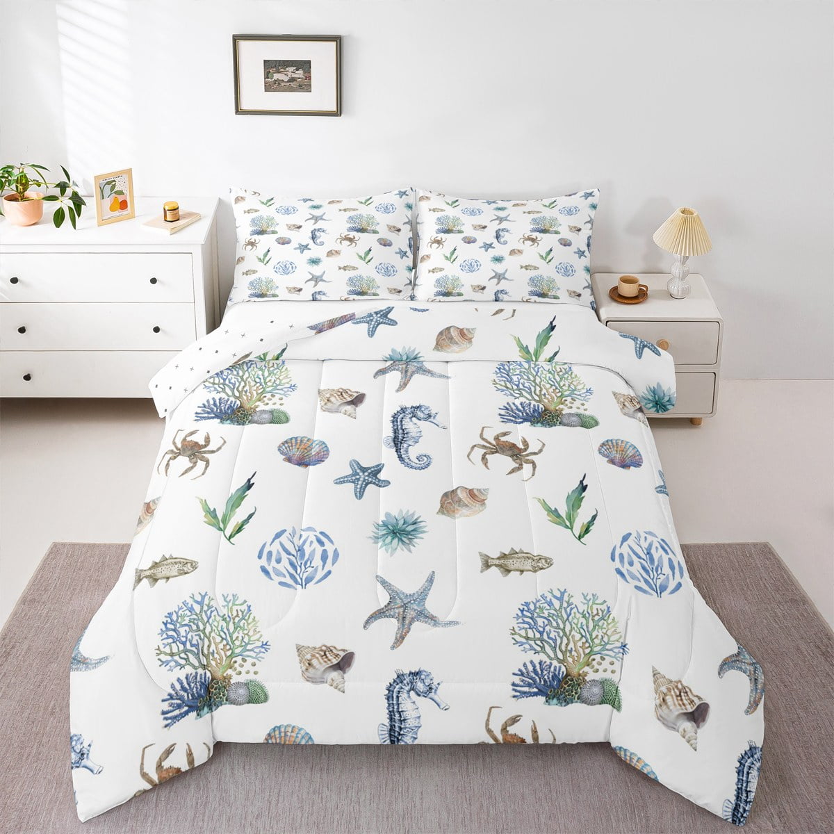 Manfei Ocean Sea Animal Queen Comforter Set,Seahorse Shell Coral Bedding Sets,Cute Sealife ...
