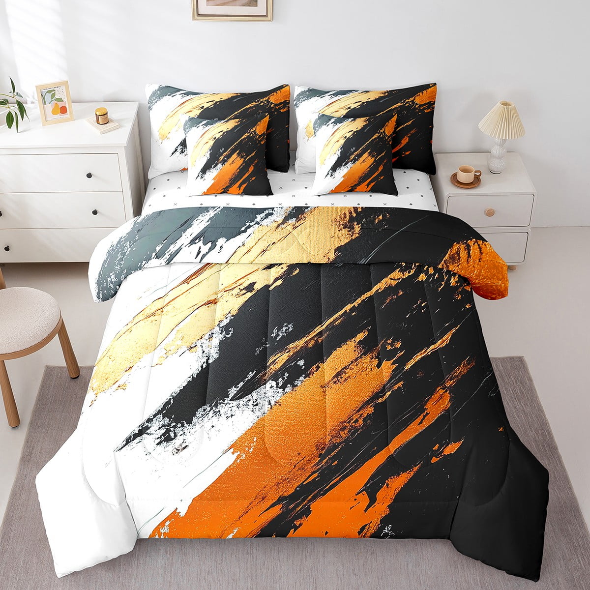 Manfei Oil Painting Bed in a Bag King Size,Minimalism Art Bed Set,Orange Gold Black Bedding King ...