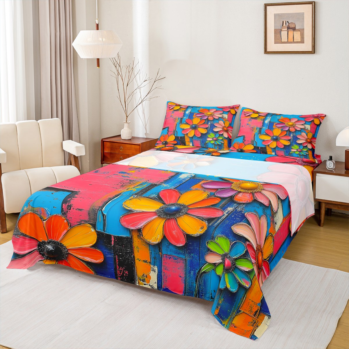 Manfei Oil Painting Daisy Twin Sheet Sets, Girls Cute Flower Twin ...