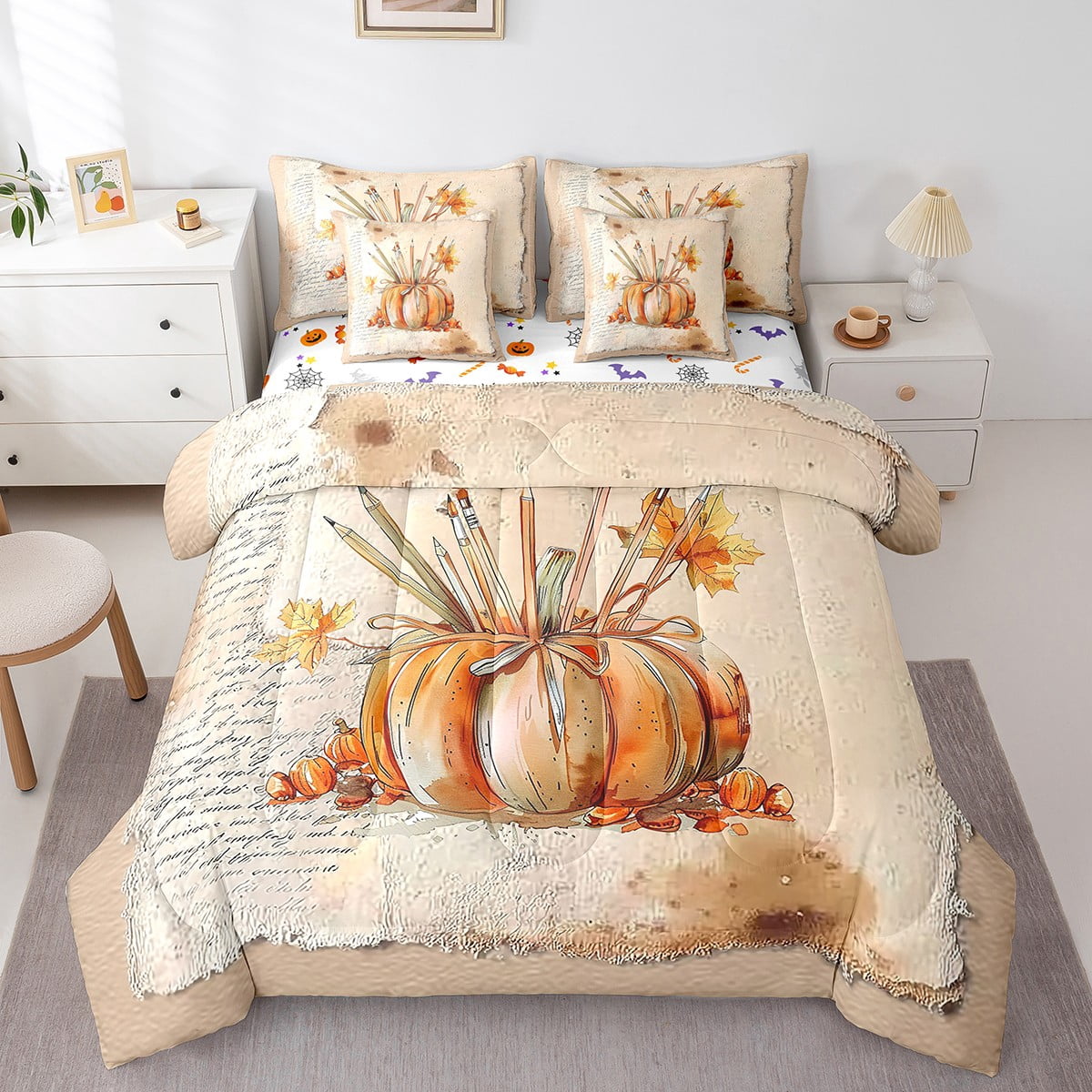 Manfei Oil Painting Pumpkin Bedding Comforter Set 7pcs,Happy Halloween ...