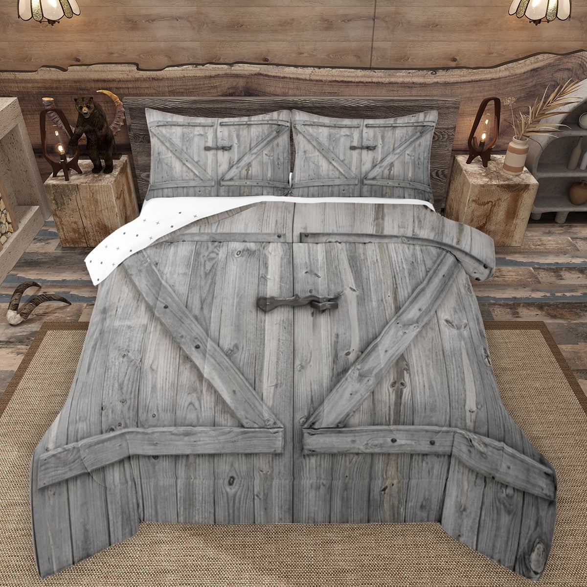 Manfei Old Wooden Board Bedding Comforter Set,Country Farmhouse Lodge ...