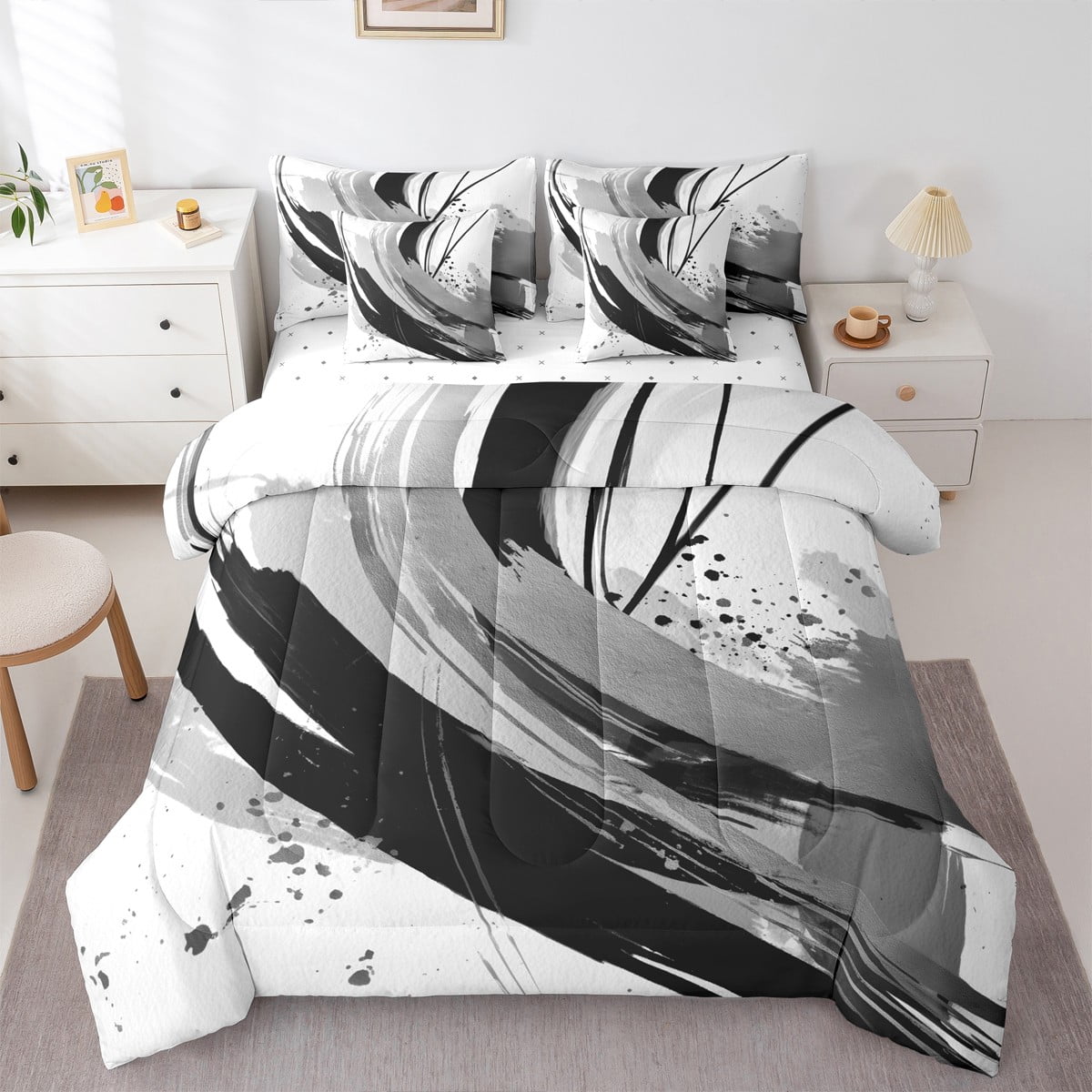 Manfei Ombre Graffiti 7-Piece Twin Bedding Sets,Black Grey Bedding Comforter Set,Watercolor ...