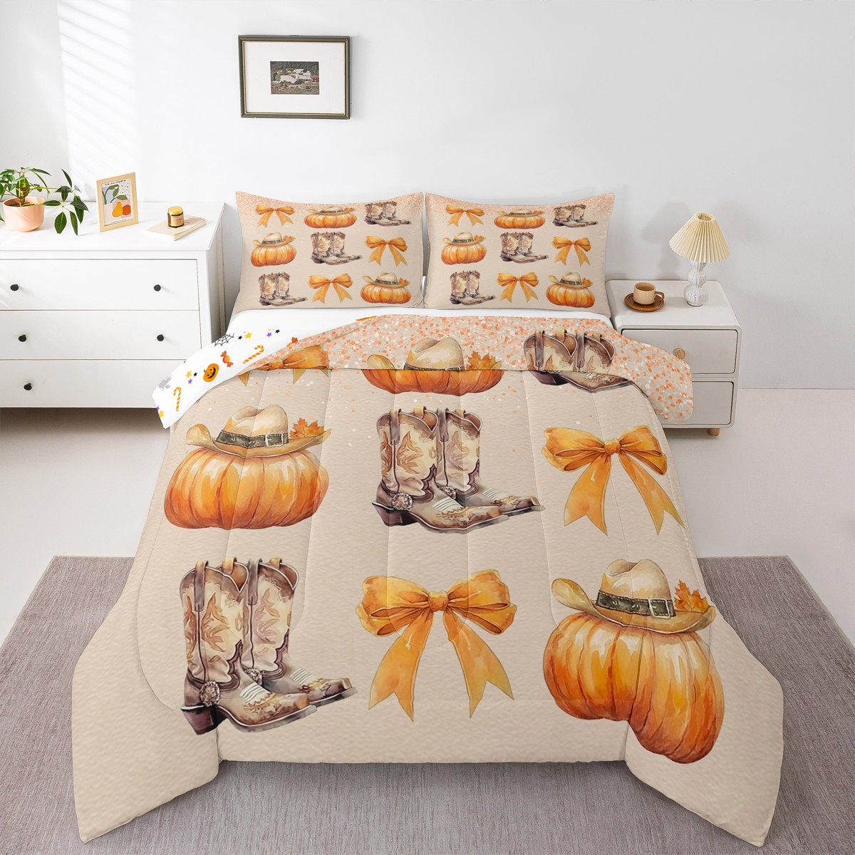Manfei Orange Bowknot Bowtie Queen Comforter Set,Halloween Pumpkin ...