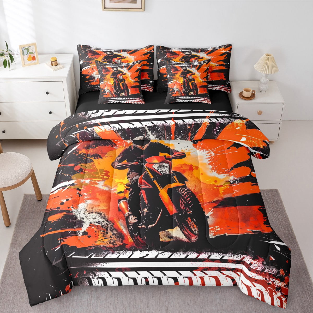 Manfei Orange Dirt Bike Bedding Comforter Set 7 Pieces, Modern Speed ...