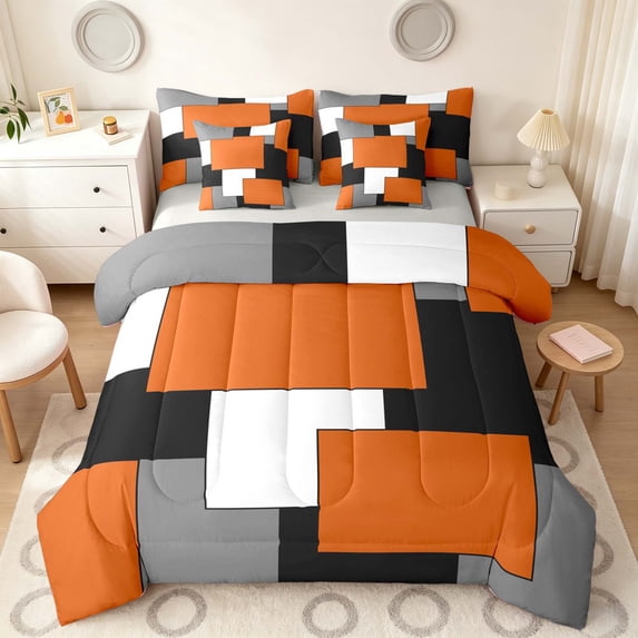 Manfei Orange Geometric Twin Bedding, Abstract Grid Bedding Comforter ...
