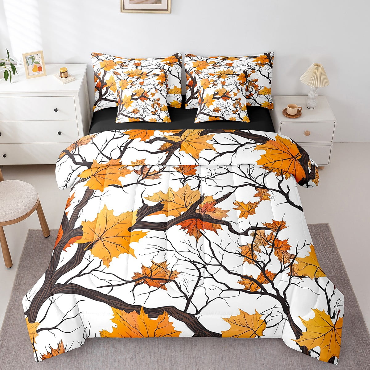 Manfei Orange Leaves Bedding Sets King Size,Autumn Botanical Comforter Sets with Sheets,Nature ...