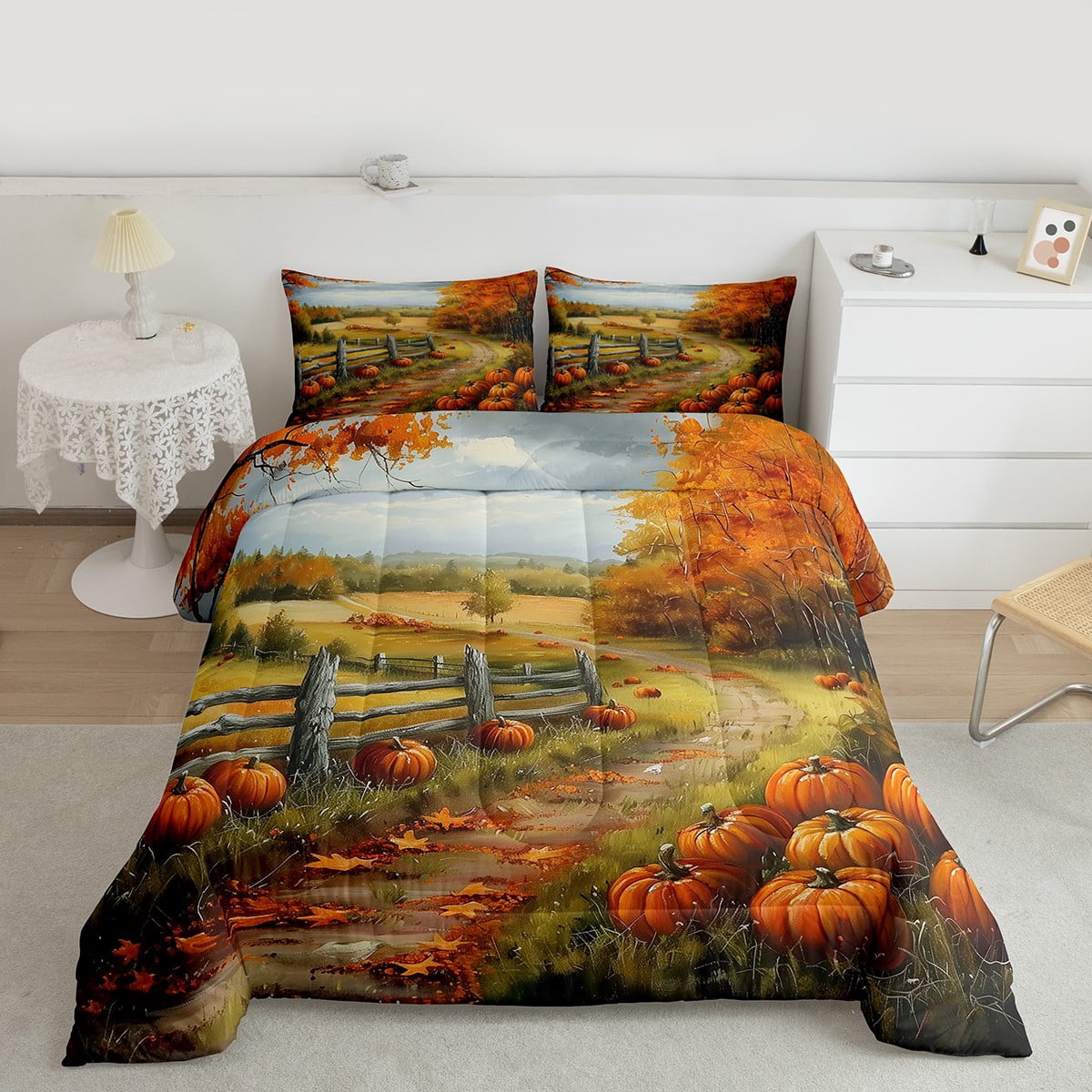 Manfei Orange Maples Pumpkin Full Size Comforter Sets,Rustic Farmhouse ...