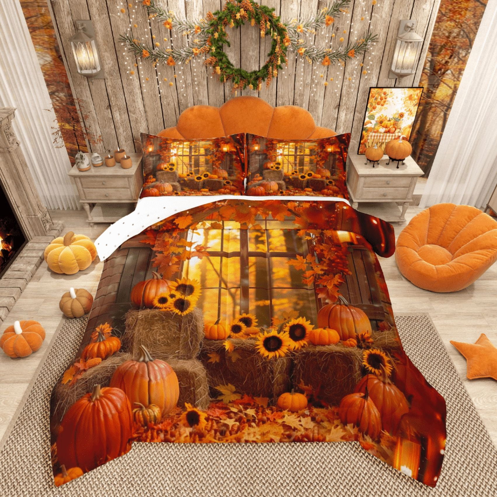 Manfei Orange Pumpkin 3-Piece Full Size Comforter Sets,Floral Sunflower ...