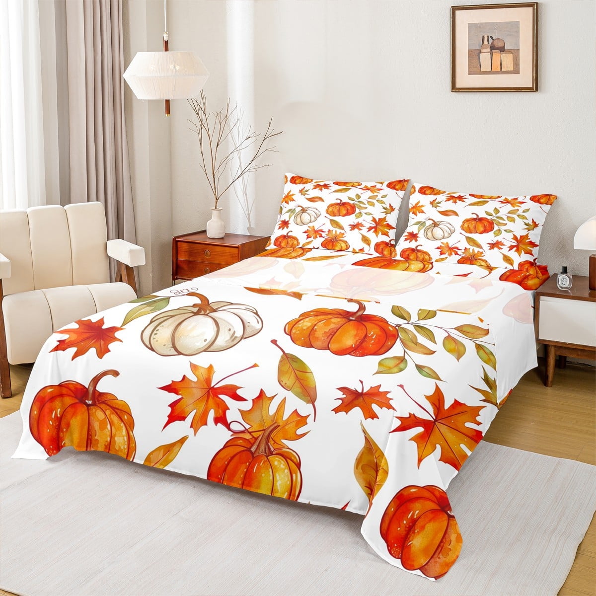 Manfei Orange Pumpkin Bed Sheets,Autumn Fall Leaves King Sheets ...