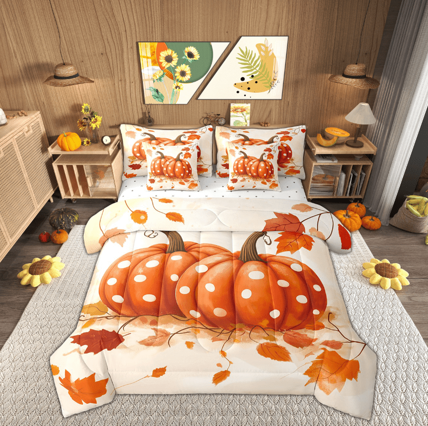 Manfei Orange Pumpkin Bedding Sets King Size, Fall Harvest Bed in a Bag King size, Maple Plant ...