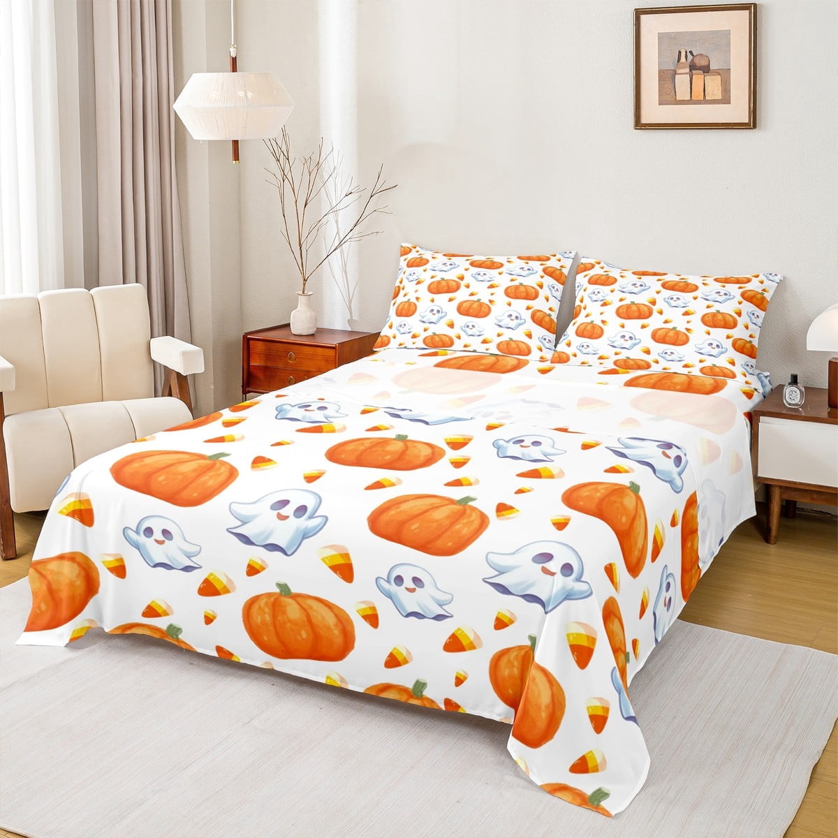 Feelyou Orange Pumpkin Full Size Sheets, Funny Ghost Bed Sheets, Happy ...