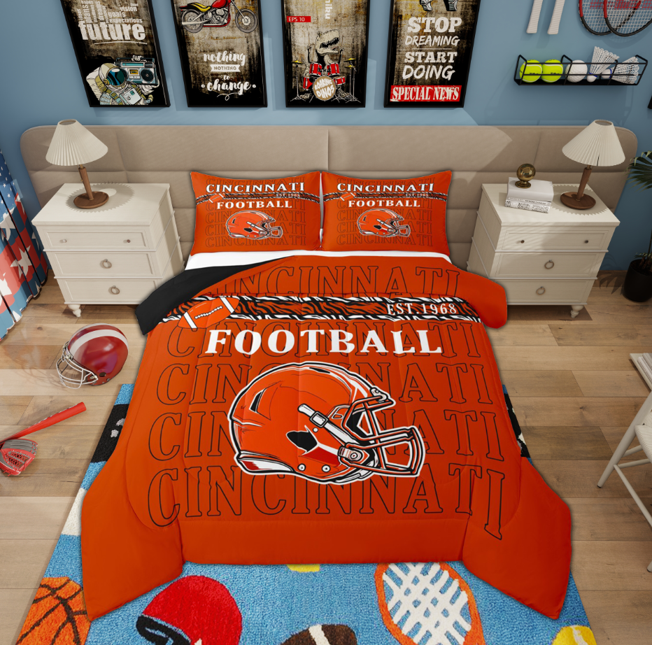 Manfei Orange Soccer Helmet Queen Comforter Set, Modern Football Rugby ...