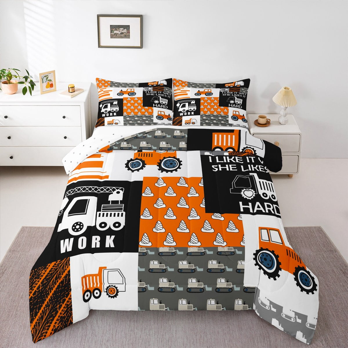 Manfei Orange Tractor Comforter Sets Full Size, Cartoon Vehicle ...