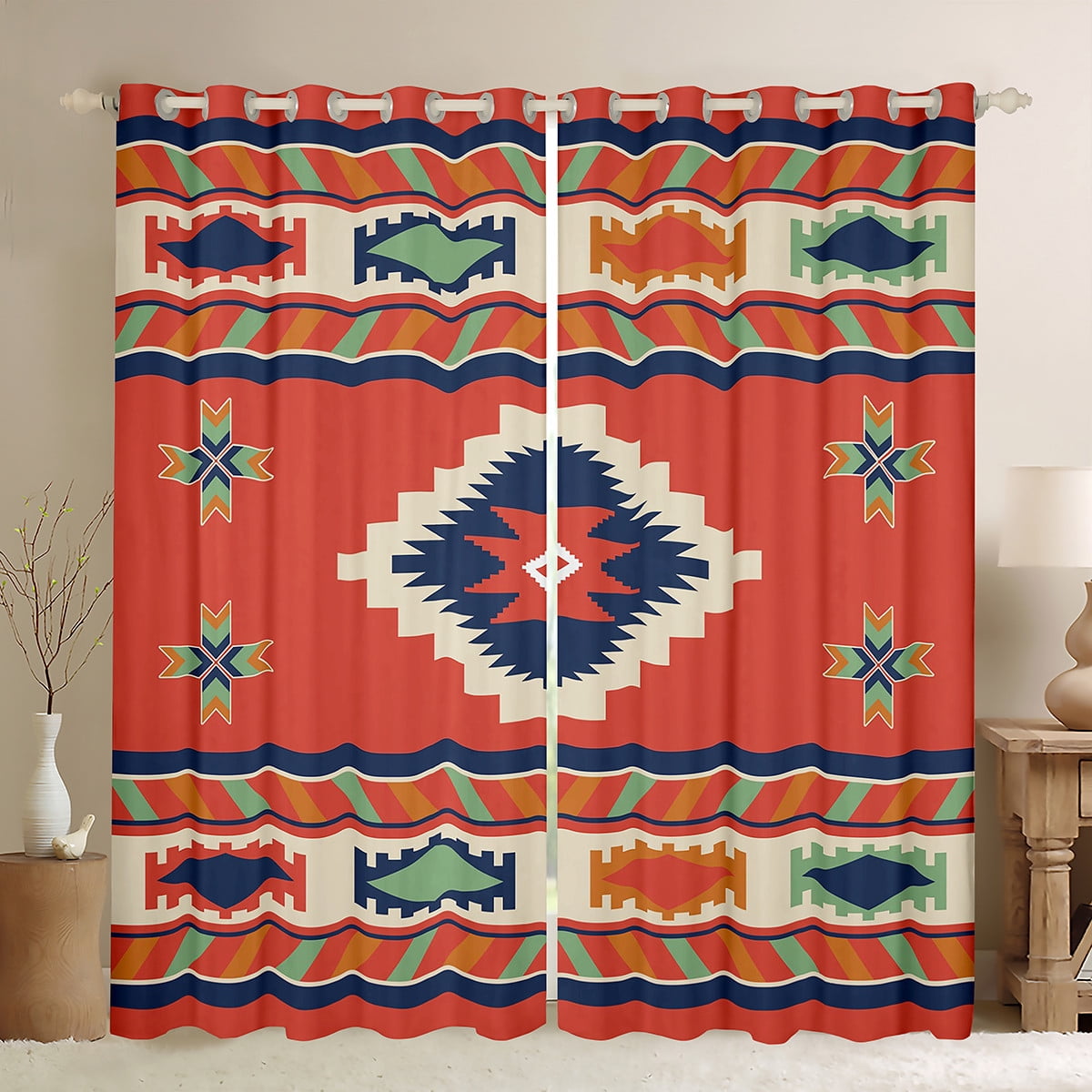 Manfei Orange Tribal Geometric Curtains and Drapes (42x63),Rustic Boho ...