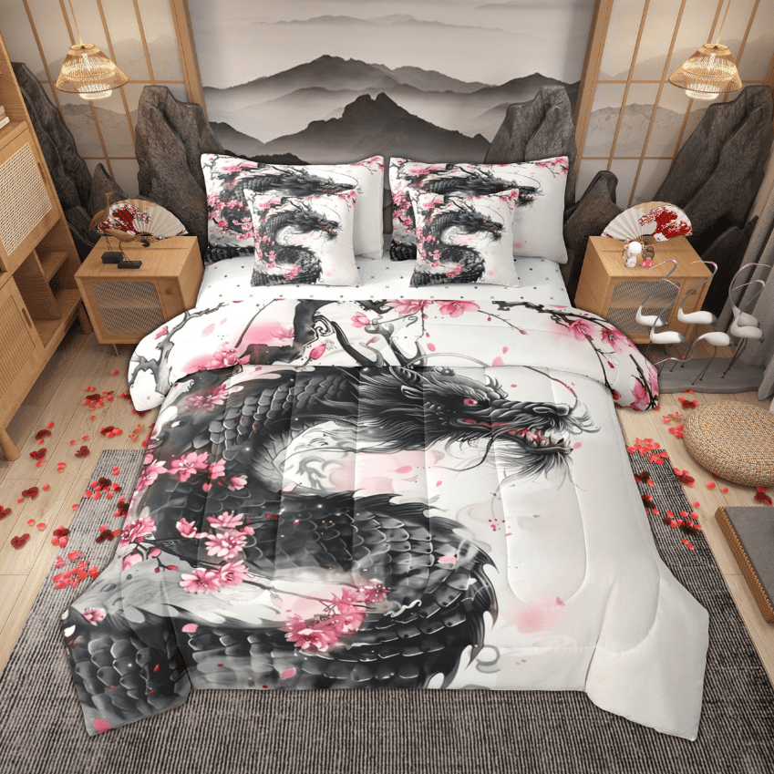 Manfei Oriental Dragon Bedding Comforter Set 7 Pieces, Japanese Cherry ...
