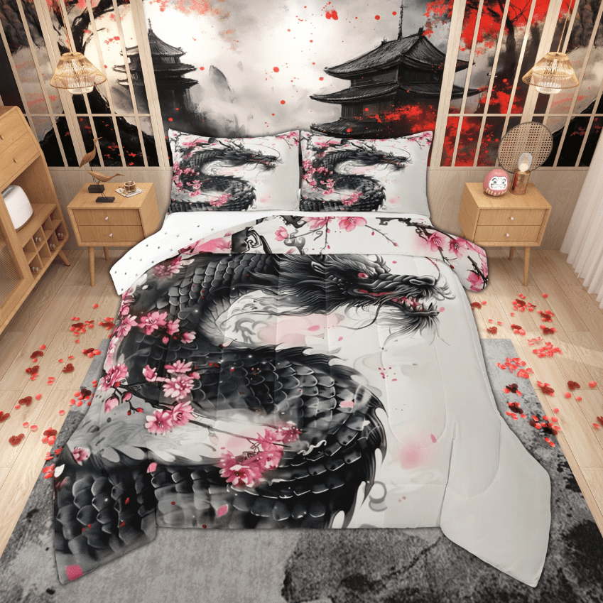 Manfei Oriental Dragon Bedding Comforter Set, Japanese Cherry Blossoms ...