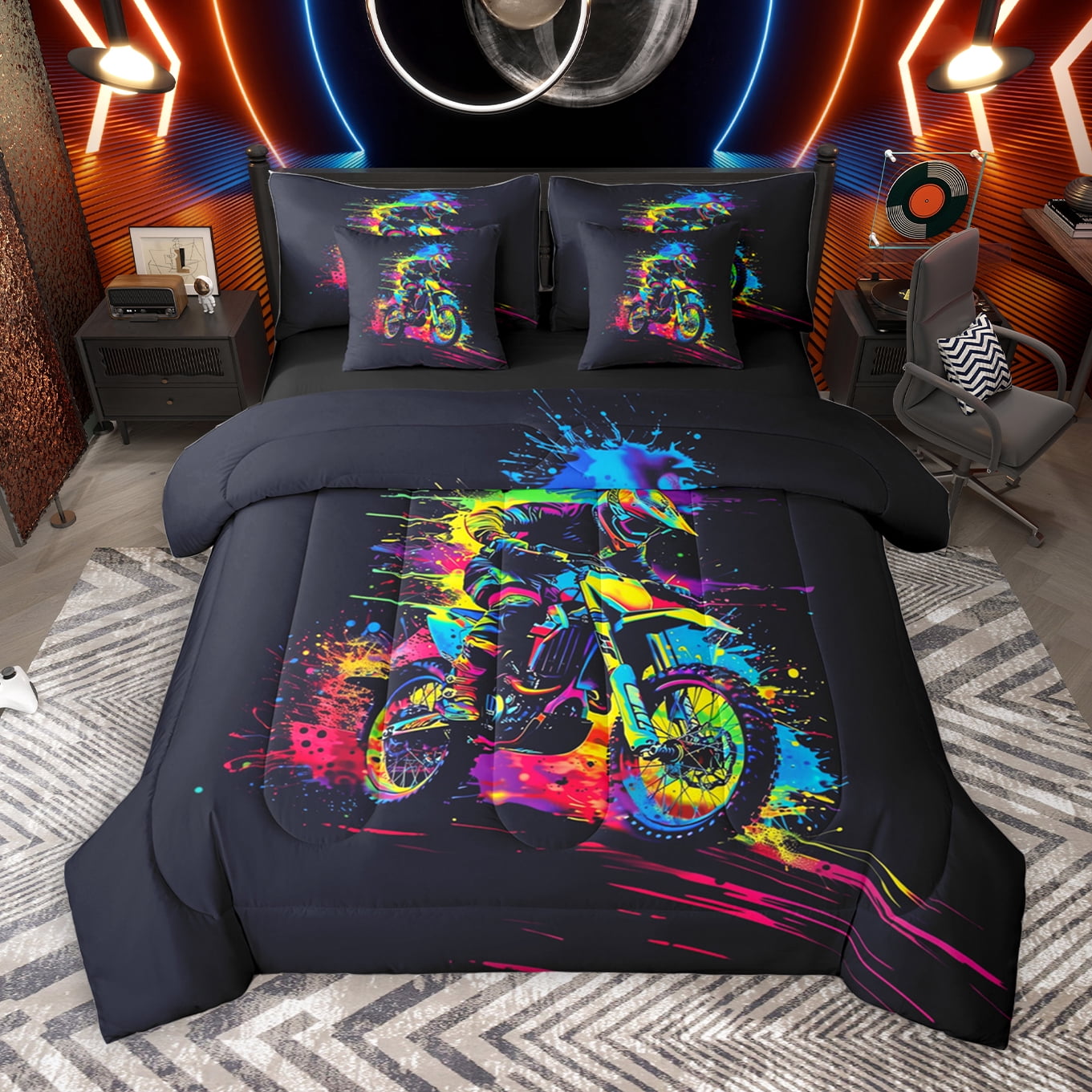 Manfei Outdoor Motocross 7pcs Bedding Comforter Set,Watercolor Graffiti ...