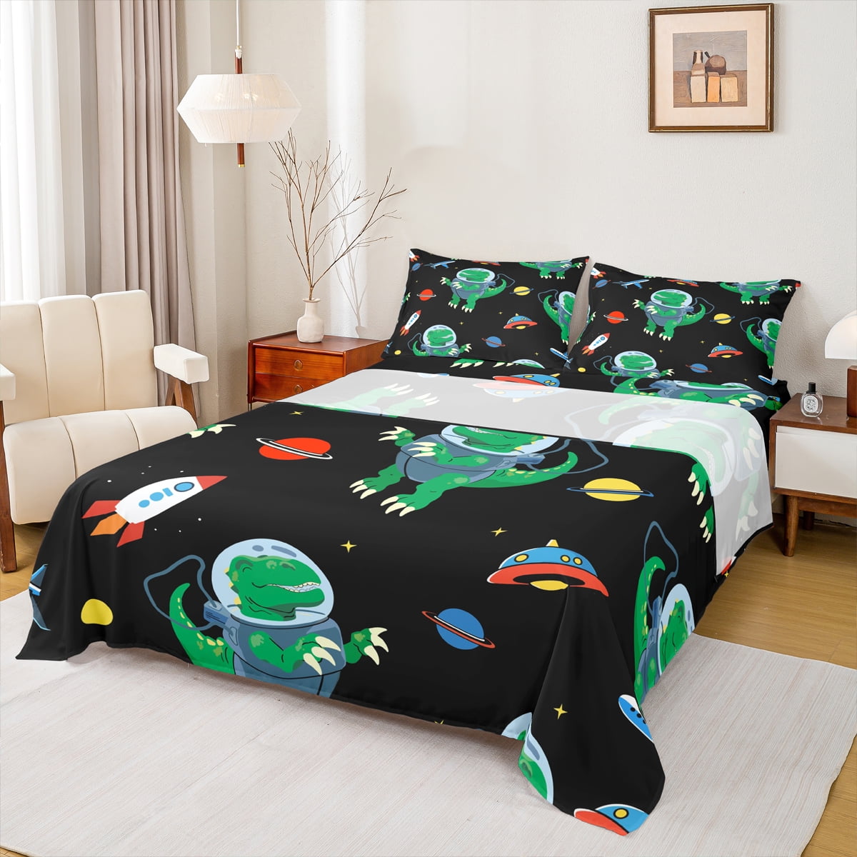 Manfei Outer Space Dinosaur Full Size Sheets, Cartoon Rocket Planet Bed ...